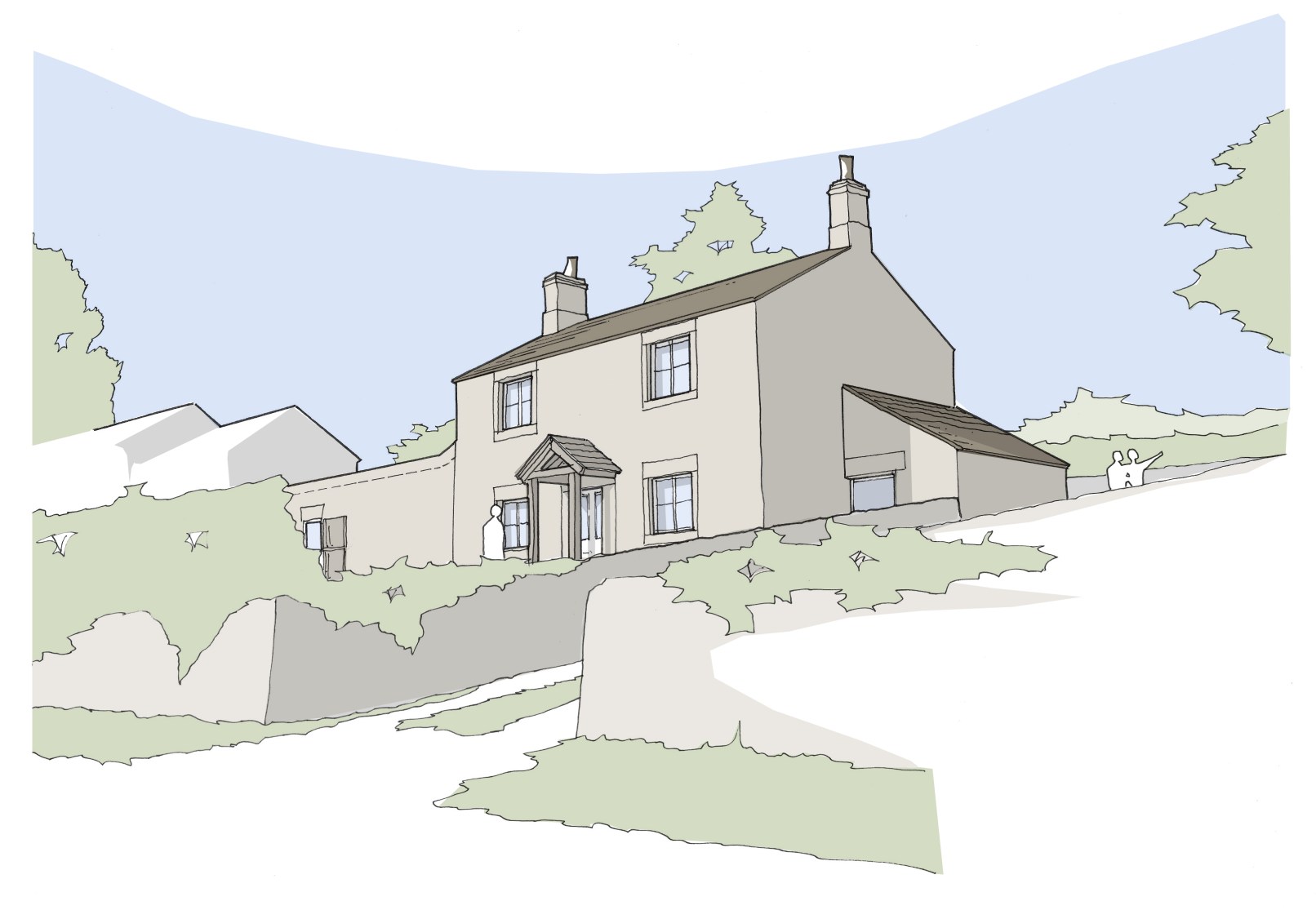 South View. Front Sketch Perspective View - Ian Hazard Architect
